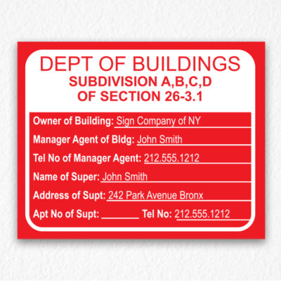 Department of Building Sign with Owner Information - HPD Signs NYC